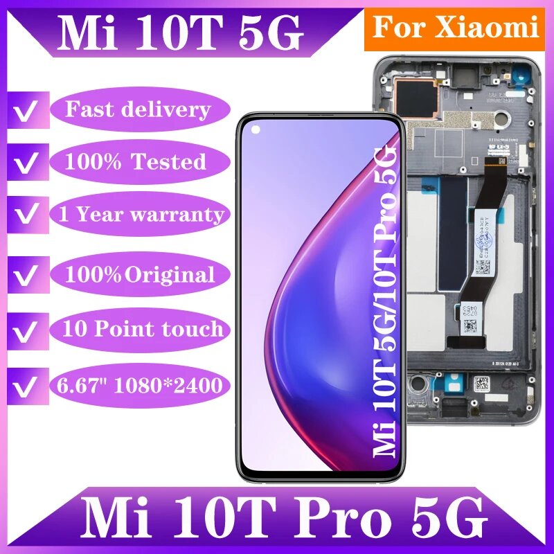 Оригинальный ЖК-дисплей 6,67 дюйма для Xiaomi Mi10T, ЖК-дисплей, сенсорный экран, дигитайзер в сборе, запасные части для Xiaomi K30S Mi 10T Pro LCD With Silver Frame
