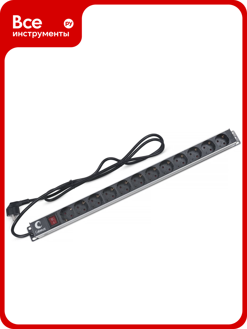 Блок евророзеток Cabeus для шкафов, 12 розеток, 16 A, выключатель, шнур 2м PDU-12P-2EU