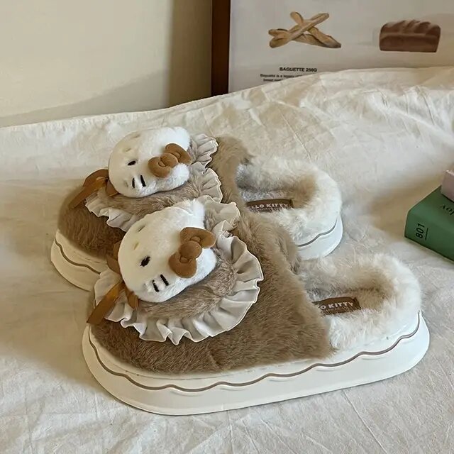 Sanrio Hello Kitty Cinnamoroll Kuromi плюшевые тапочки зимняя тенденция новая теплая домашняя обувь милые хлопковые тапочки в японском стиле для девочек