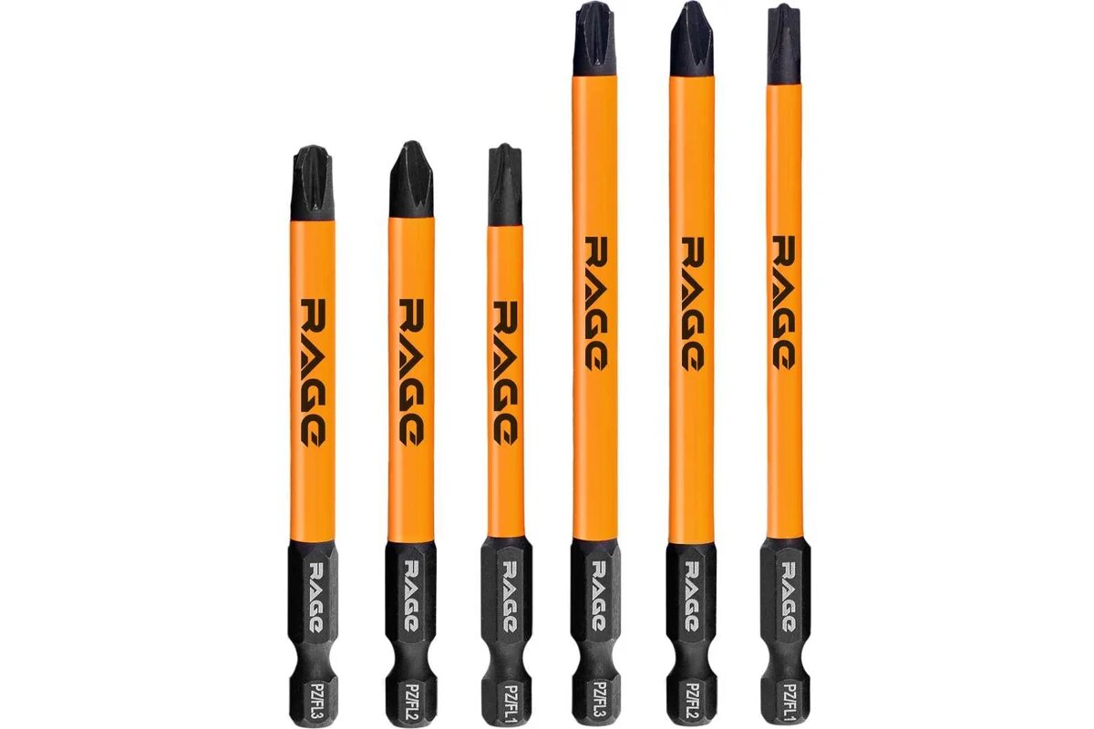 RAGE Биты для электриков магнитные S2 PZ/FL1 PZ/FL2 PZ/FL3 75 мм и 100 мм, 6 шт