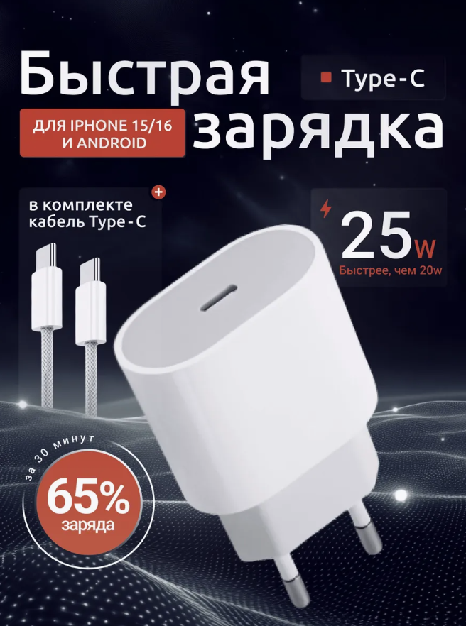 Быстрое зарядное устройство 25W для iPhone 15 и16, iPad и AirPods/С кабелем Type-C-Type-C/Быстрая зарядка