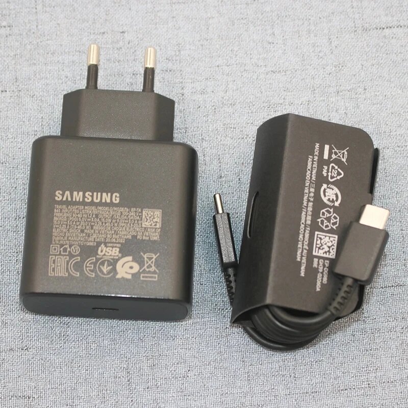 Оригинальное супербыстрое зарядное устройство Samsung 45 Вт USB-C, адаптер европейского стандарта для Galaxy S25 S24 S23 S22 Note 20 Tab S8 Ultra Plus 5A, кабель EP-TA845 Black EU Add Cable