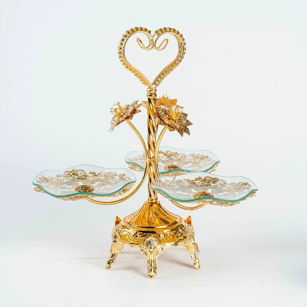 Фруктовница металлическая ярусная этажерка для фруктов, 2 яруса, закаленное стекло и позолоченный металл, золотистый