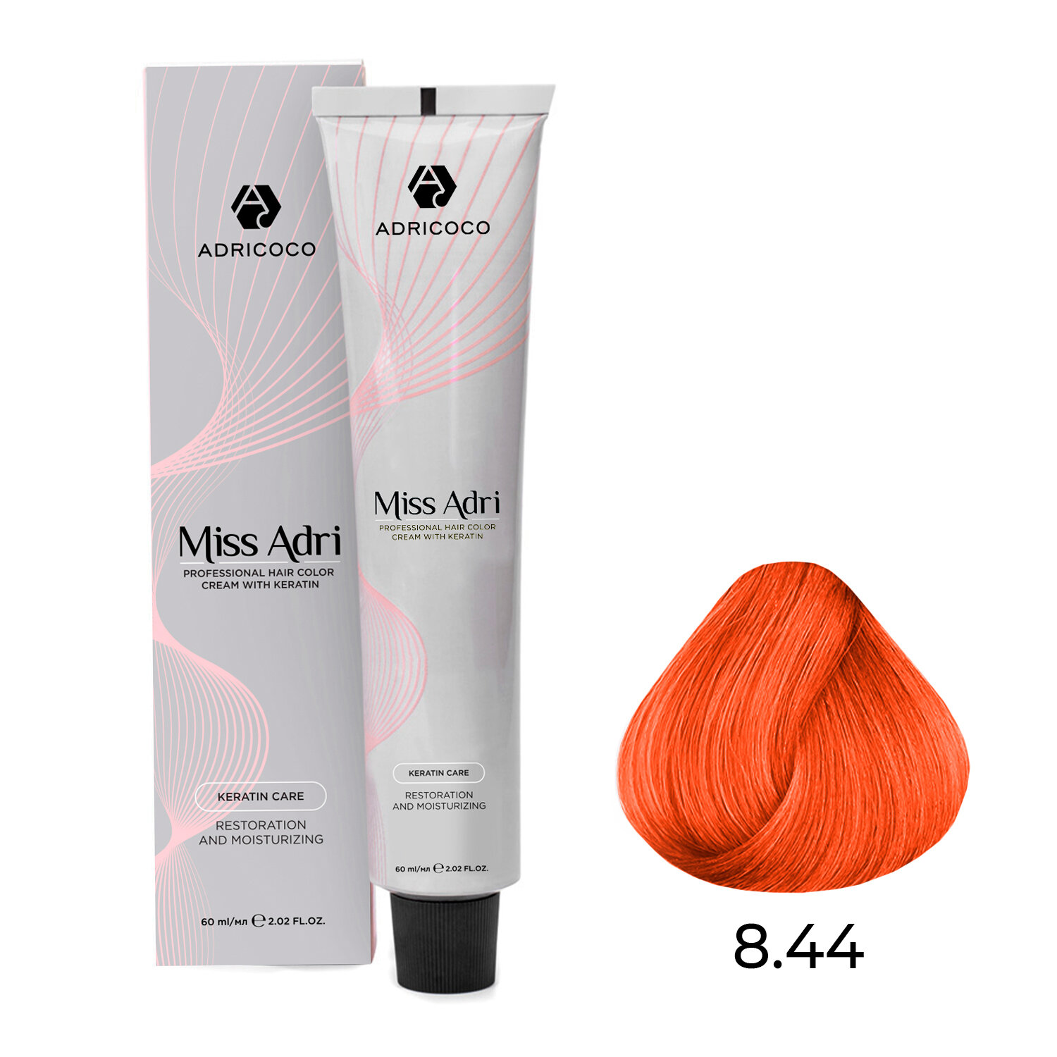 Крем-краска для волос Miss Adri с кератином, оттенок 8.44 Светлый блонд интенсивный медный, ADRICOCO, 60 мл