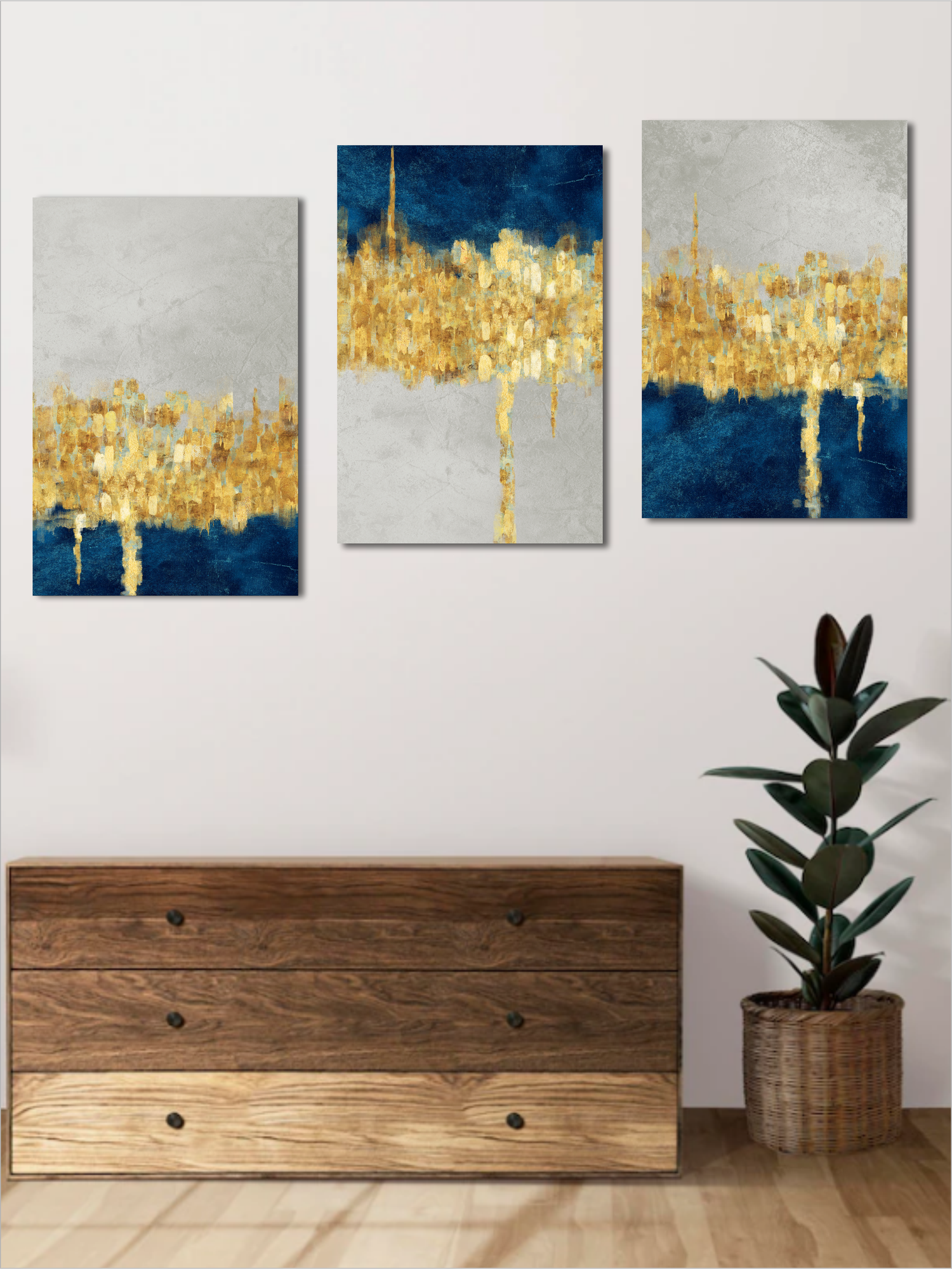 Модульная картина для интерьера на стену минимализм. Серо-синяя абстракция с золотом 50х75 см - 3 штуки на холсте на подрамнике