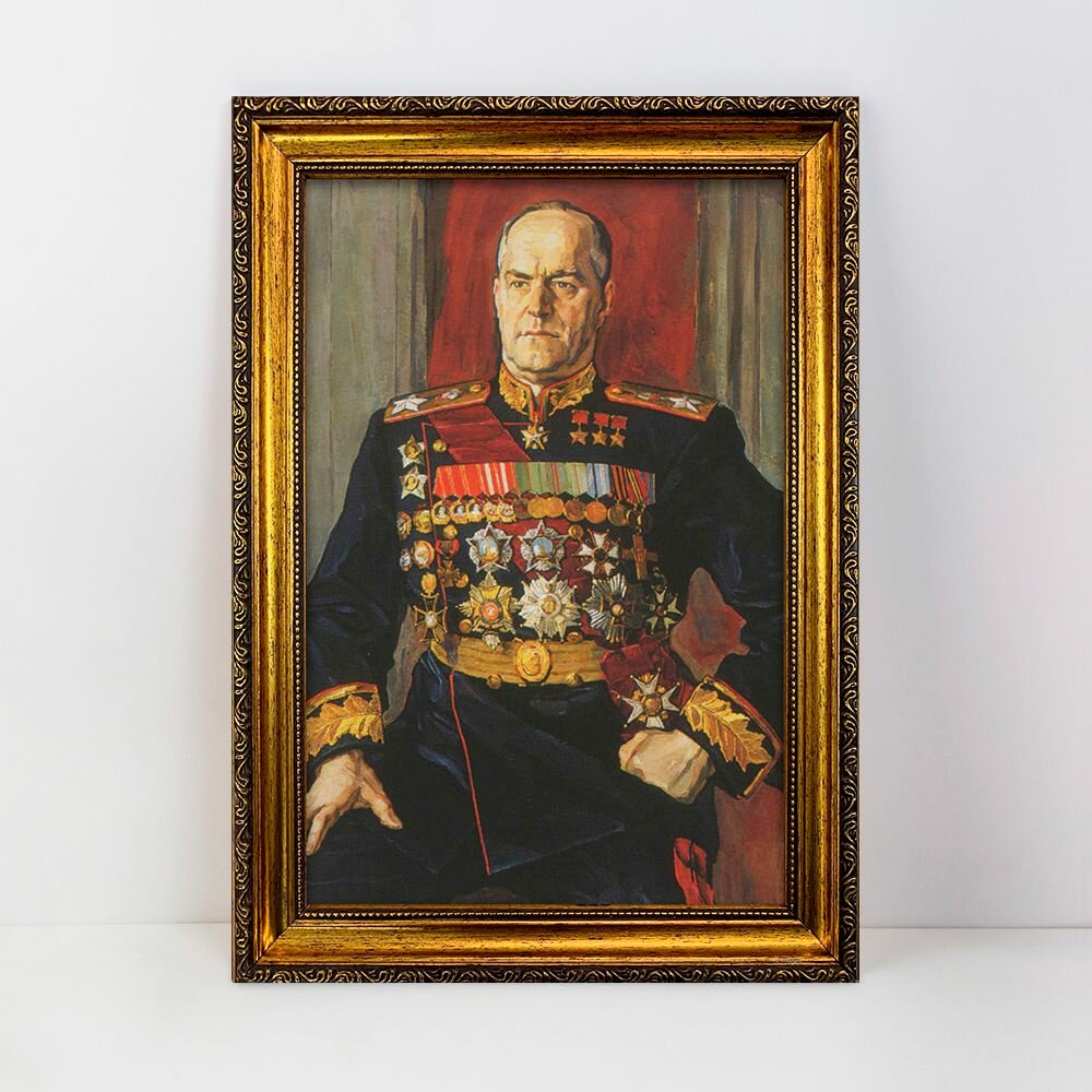 Портрет Жукова Г. К. на холсте в багетной рамке под золото / А-4 (21x30 см.)