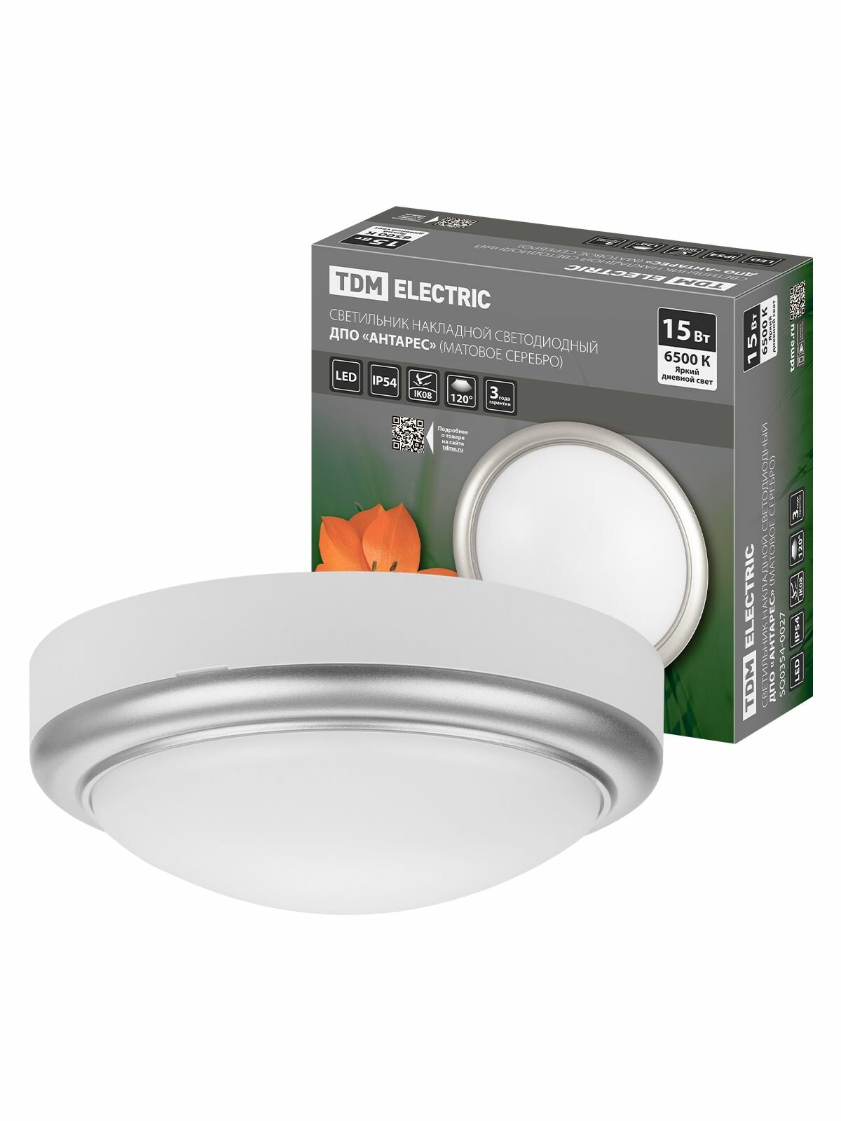 Светильник накладной "Антарес" LED 15Вт 6500К круг 180*66 мм мат. серебро IP54 TDM Electric