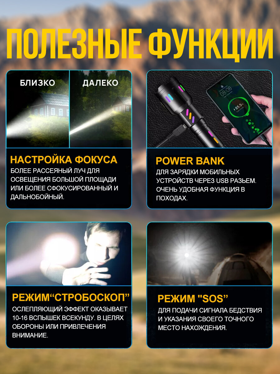 Фонарь светодиодный с LED-экраном, с аккумулятором, 2000 Лм, дальность освещения 1600м