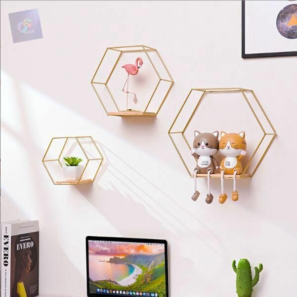 Полка интерьерная с крючками Настенная полка Сота 3 шт золотой