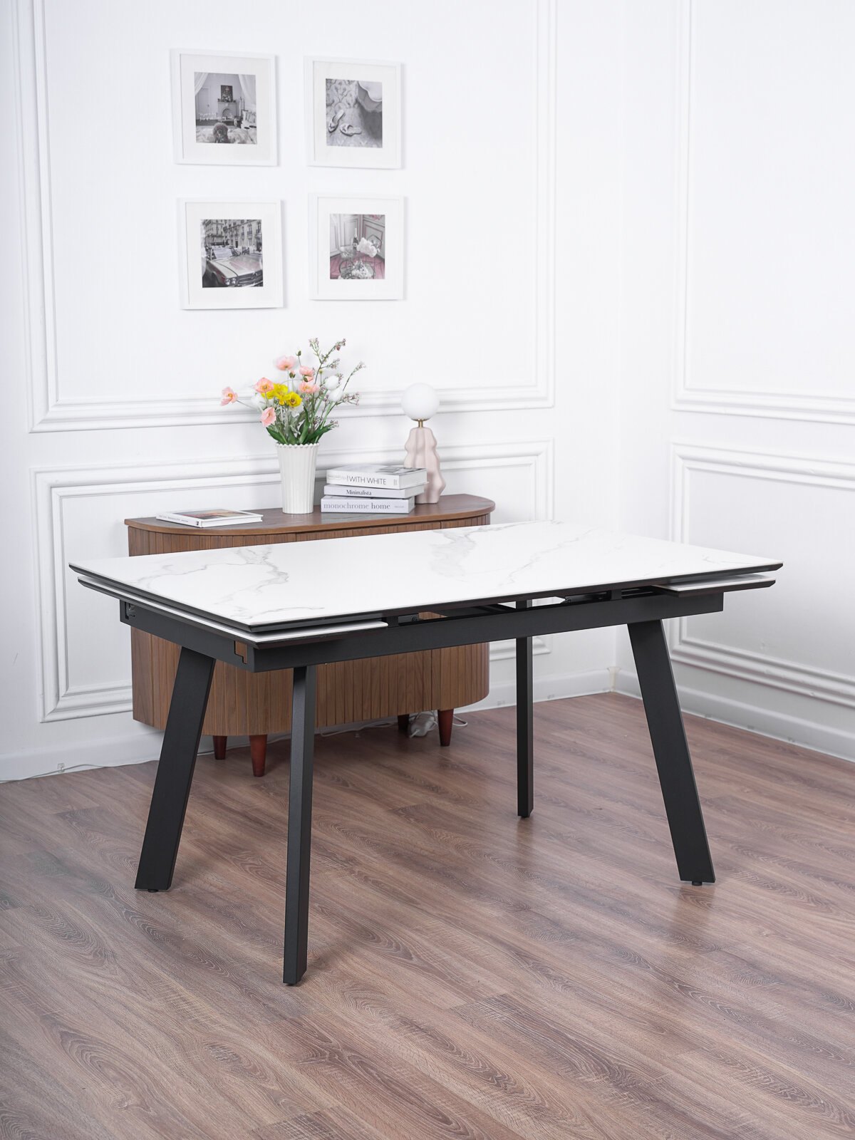 Стол кухонный обеденный керамогранит Рокс 140(200)х90смБелыйМраморОпорыЧерные