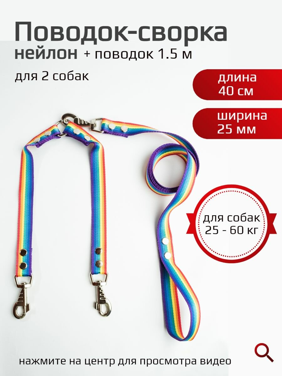 Сворка Хвостатыч для двух собак нейлон 40 см х 25 мм с поводком 1,5 м (радуга)