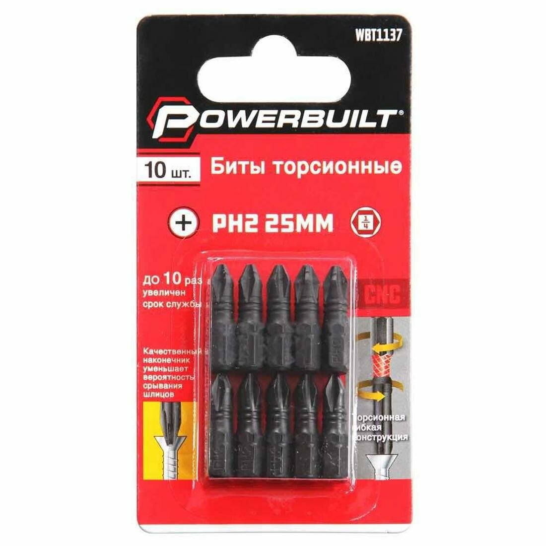 Биты Powerbuilt WBT1137, сталь, магнитный адаптер, 1/4", 10шт