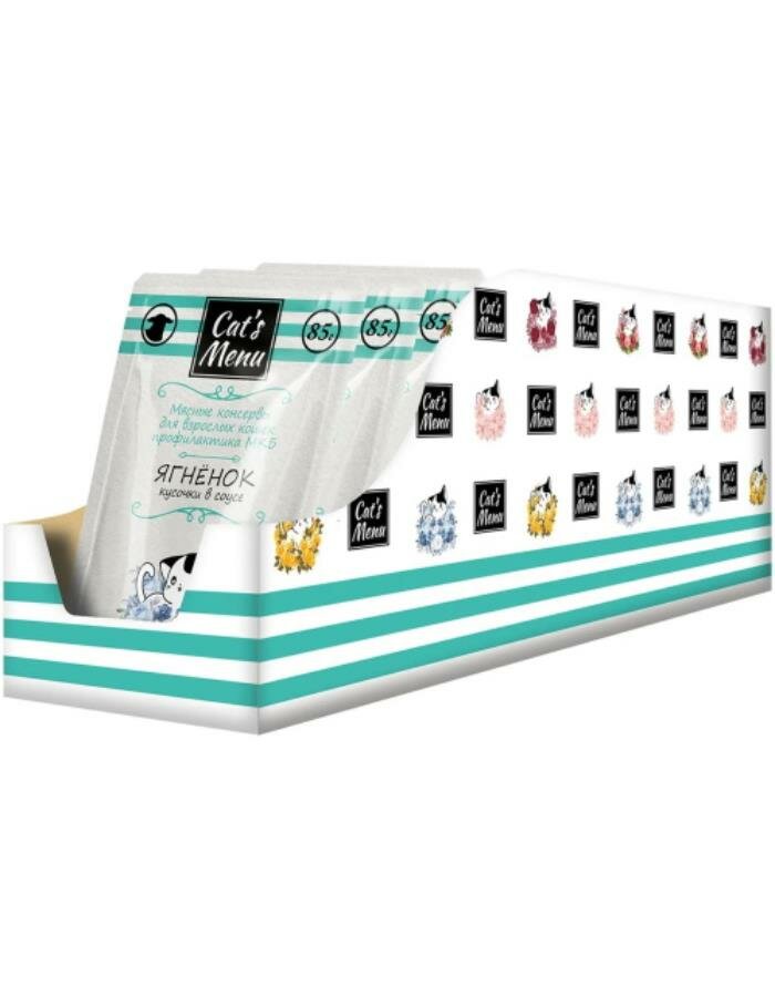 Cat`s Menu консервы для взрослых кошек с ягненком кусочки в соусе профилактика МКБ 30х85гр
