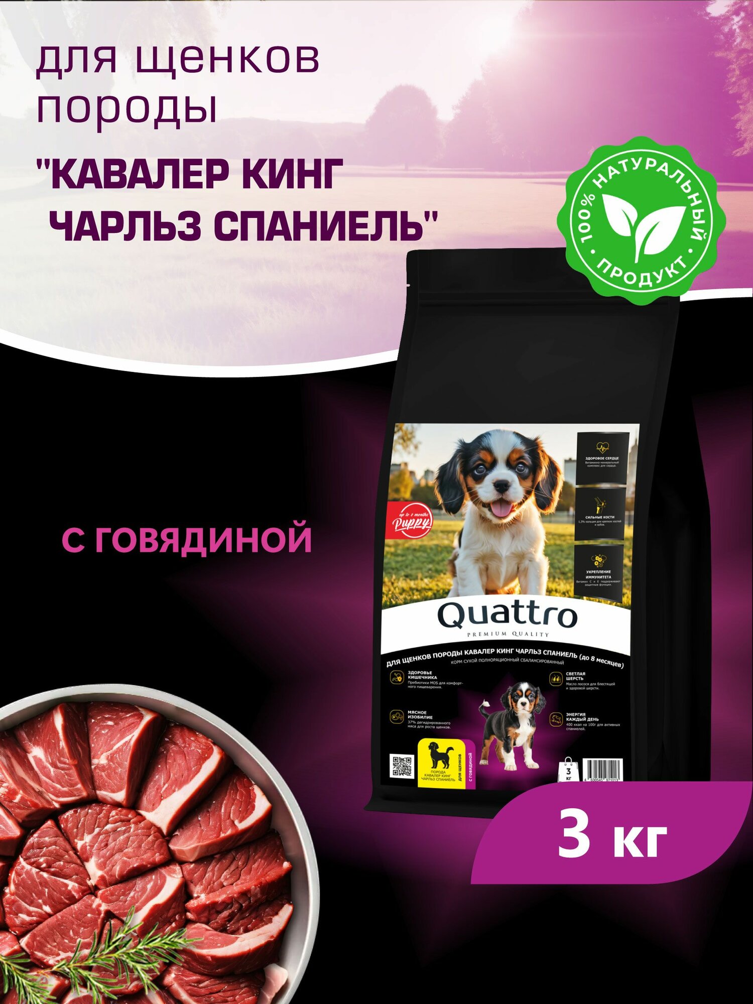 Quattro корм для щенков породы Кавалер кинг чарльз спаниель, с говядиной 3 кг