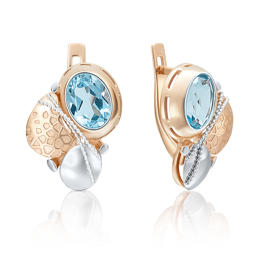 Серьги, комбинированное золото, 585 проба, топаз