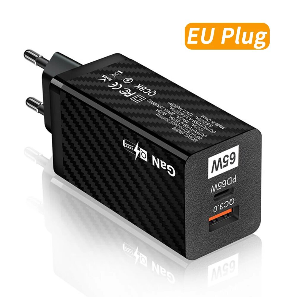Зарядное устройство GaN 65 Вт QC3.0 + Type-C PD65W 5 В/3 А 9 В/3 А 12 В/3 А 15 В/3 А 20 В/3 А 20 В/3,25 А 65 Вт MAX Быстрая зарядка для ноутбуков, телефонов, адаптер США/ЕС, EU Plug Black