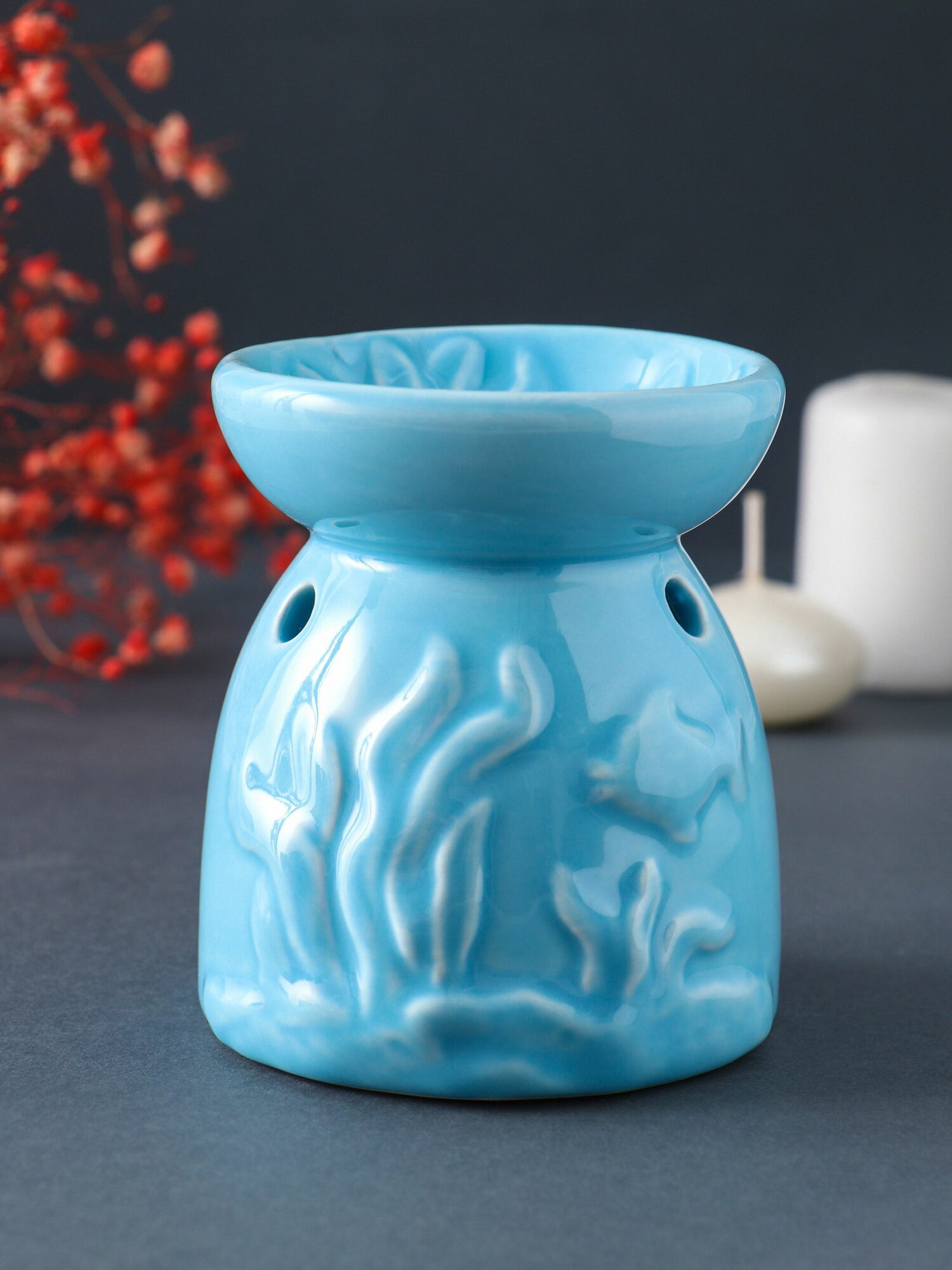 Аромалампа для эфирных масел "Подводный мир", керамика, голубая, 7.2x7.2x8.9 см