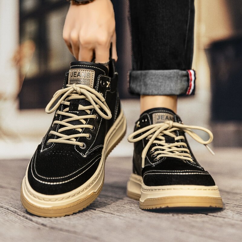 MOOCIE Высокие мужские зимние ботинки с бархатом и теплыми хлопковыми вставками, универсальные кеды средней высоты, повседневные мужские кожаные туфли черного цвета из натуральной кожи, модные спортивные туфли с бархатом.