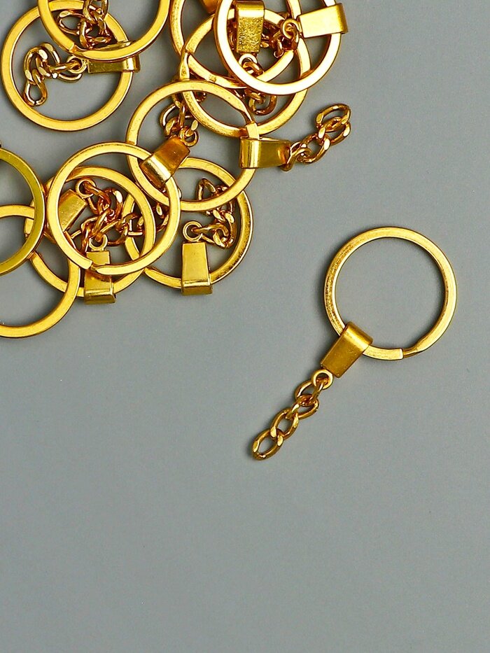 Основа для брелока: кольцо с плоским креплением, металл под золото, набор 12 шт, 3×6 см