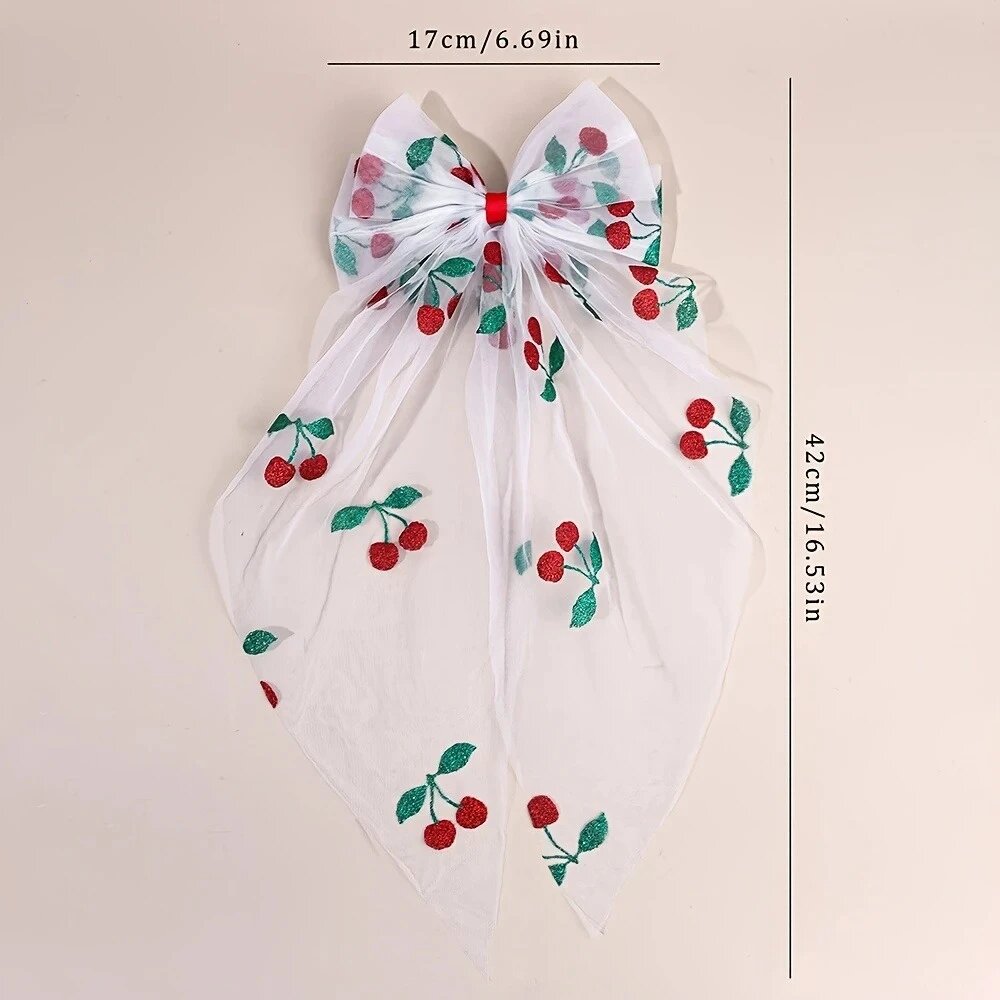 Заколка для волос с бантом и вишневым принтом, заколка из тюлевой ленты, большая заколка с большим бантом, хвостик, заколка для женщин и девочек, головные уборы, аксессуары, подарок