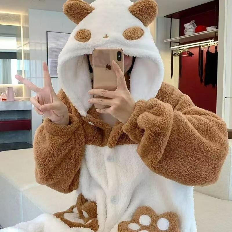 Милая пушистая пижама Hello Kitty Sanrio с милым бантом осень-зима Милая Длинная женская пижама аниме плюшевая парная домашняя одежда, M--160-168CM, Розовый, Унисекс