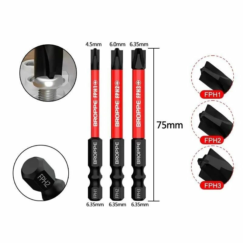 PZ/FL Набор автоматических отверток/торцевых головок, магнитные биты для электрика, 75 мм FPH1/FPH2/FPH3, шестигранный хвостовик