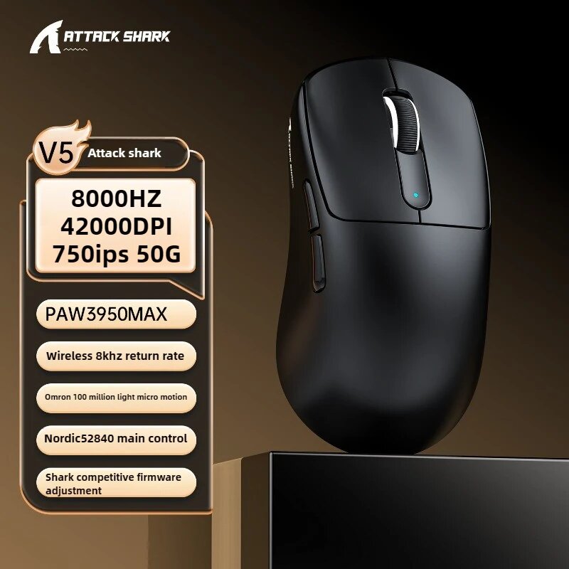 Беспроводная трехрежимная симметричная мышь Attack Shark V5 8000 Гц PAW3950MAX Sensor42K DPI 500 мАч Пользовательская проводная игровая мышь 8000 Гц