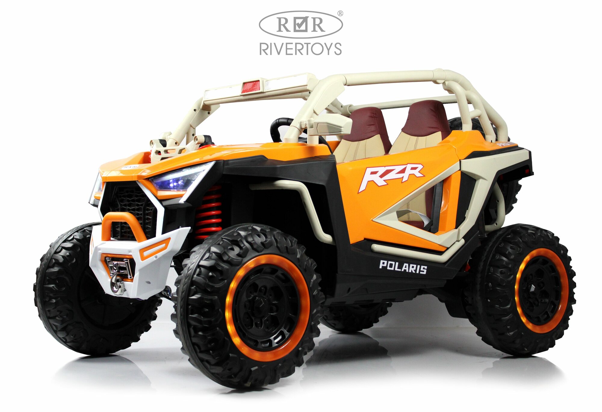 Детский электромобиль RiverToys E001EE с дистанционным управлением, полноприводный, двухместный оранжевый