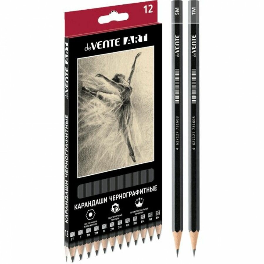 Набор чернографитных карандашей deVENTE 12 шт, 2Т, T, ТМ-2, М, 2М, 3М, 4М, 5М, 6М, 7М, 8М "Art" 6-гранные, заточенные