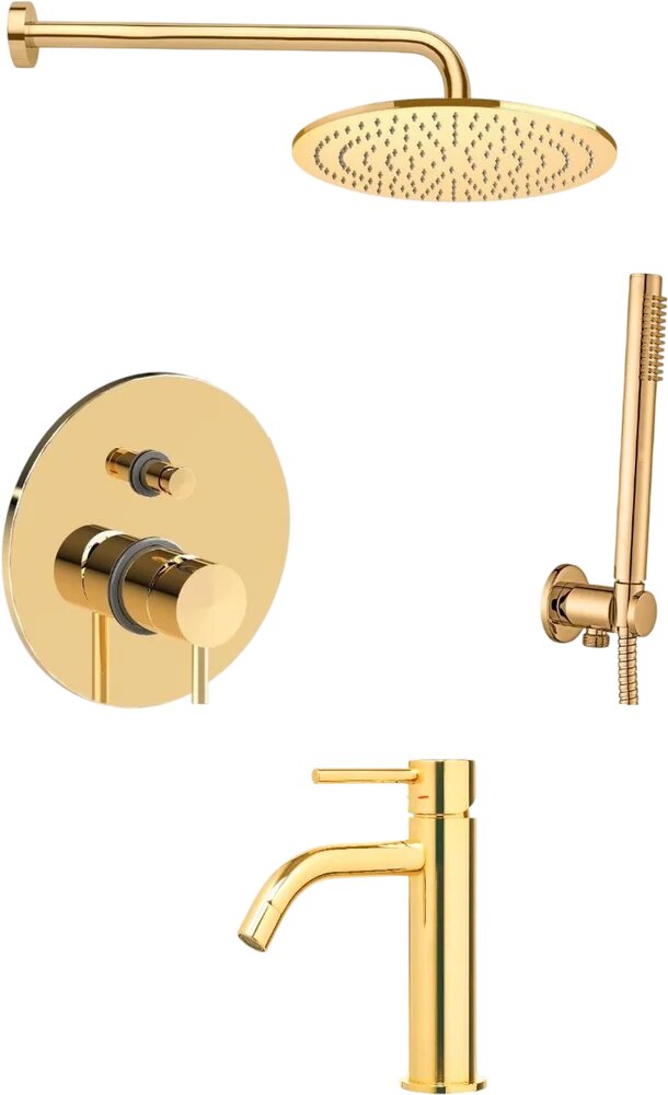 Комплект для ванной Paffoni Light KITLIG015HG071 5 в 1, встраиваемый, с внутренней частью в комплекте, со смесителем, с тропическим душем, латунный, золотой, глянцевый, душевая система