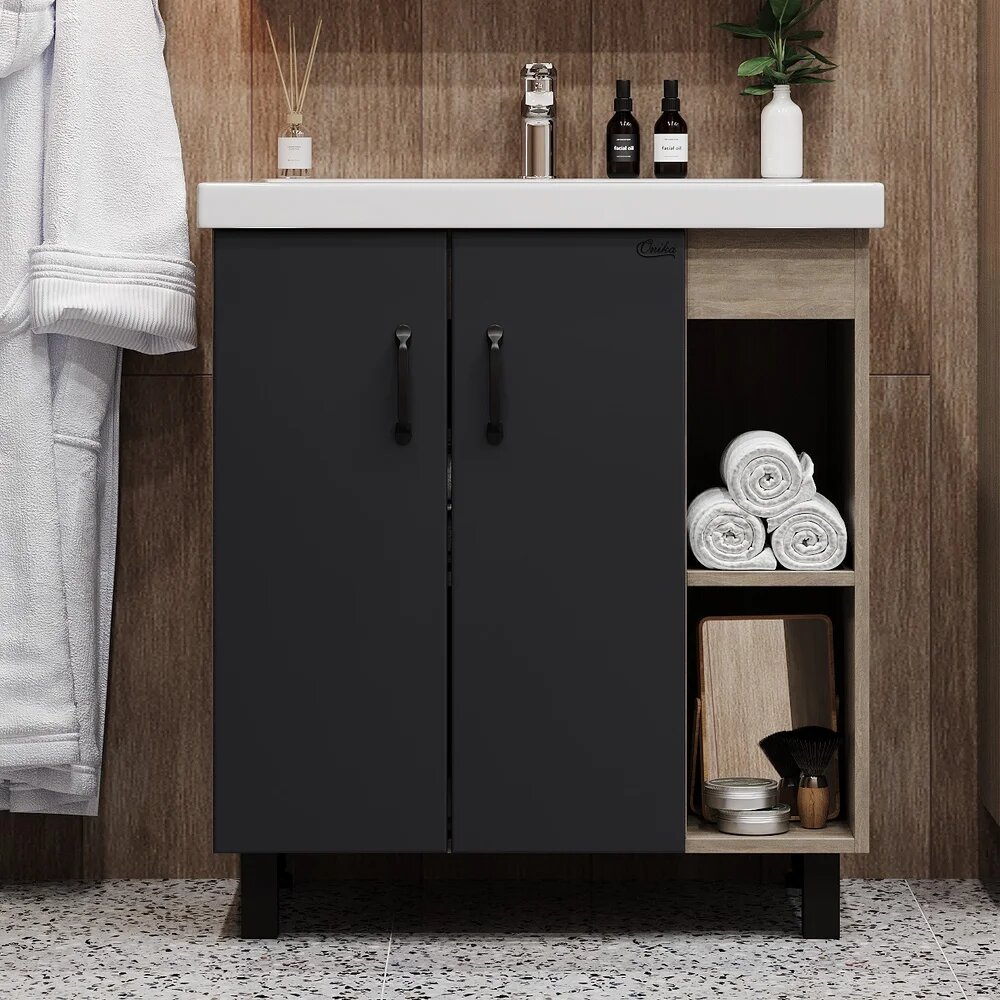 Тумба с раковиной Onika Тимбер 70.10 напольная, 71 см, серая, светлое дерево, матовая, из МДФ, с дверками, раковина для ванной фарфоровая, прямоугольная, встроенный слив-перелив