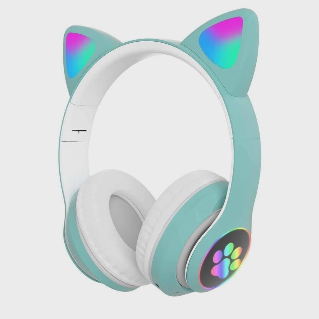 Детские беспроводные наушники Cat Ear P33M / Полноразмерные Bluetooth наушники со светящимися ушами, со встроенным микрофоном и радио (бирюзовый)