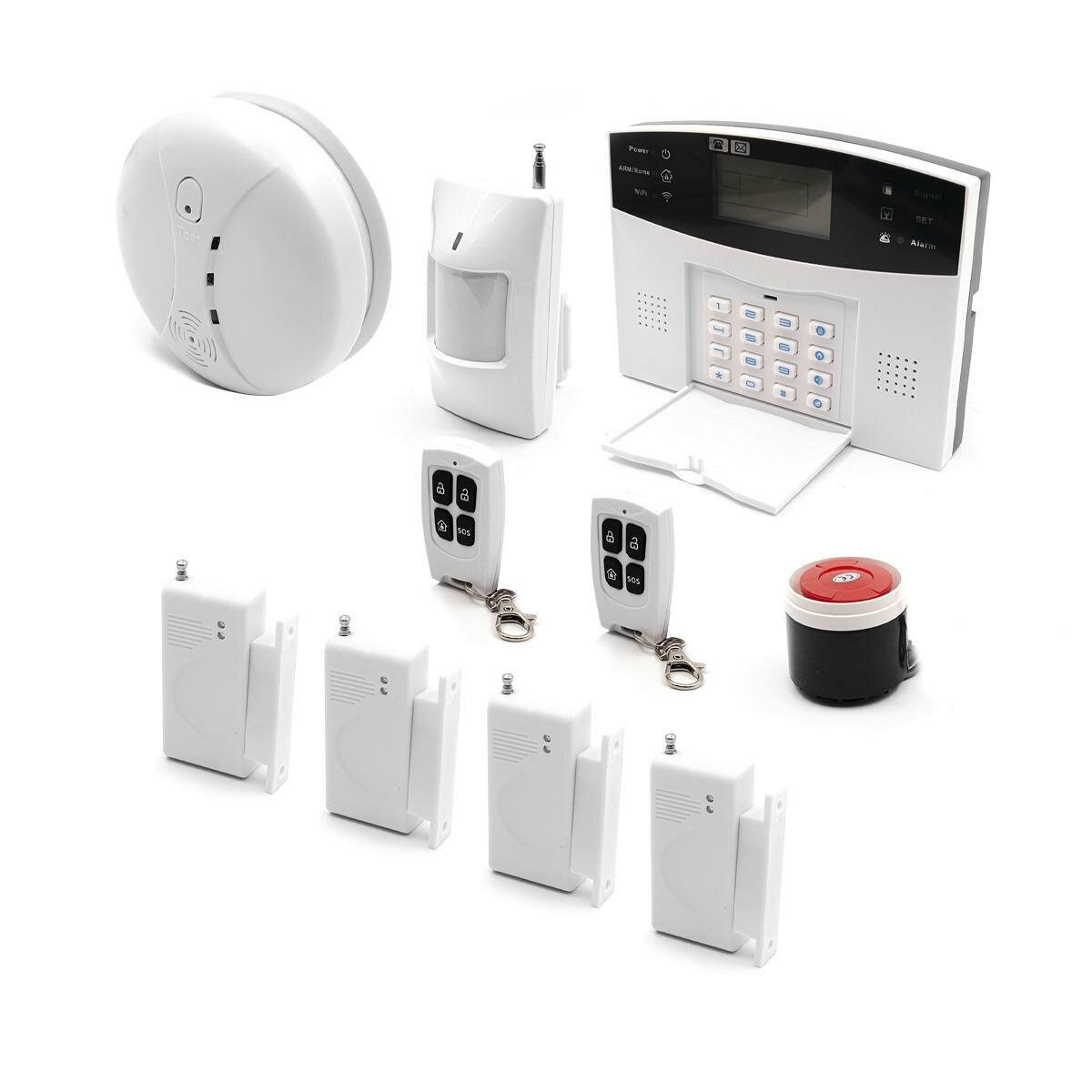 Набор: беспроводная пожарно-охранная 4G-GSM сигнализация Strazh-GSM Сигнал-9 (СМС) (K6588RU) с 9 разными датчиками в наборе для зданий и помещений.