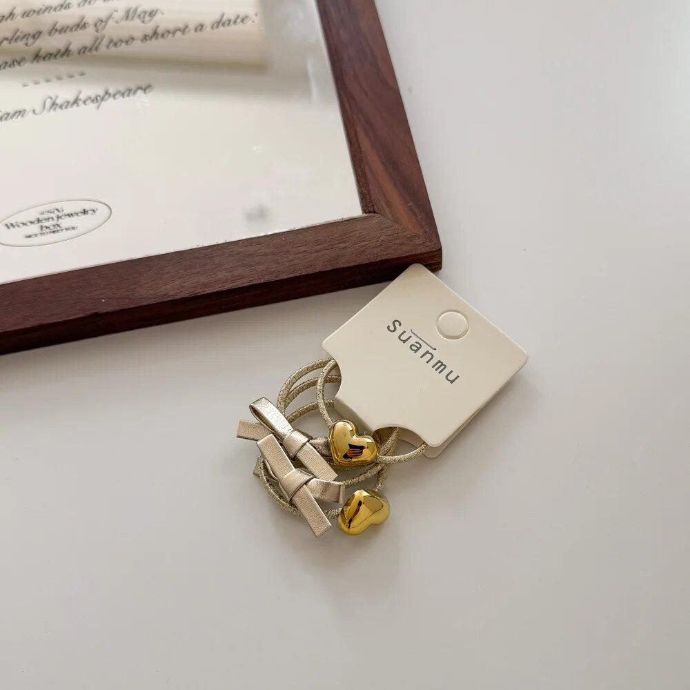 Корейские заколки для волос с бантами и сердечками, 3 шт. Golden bow love