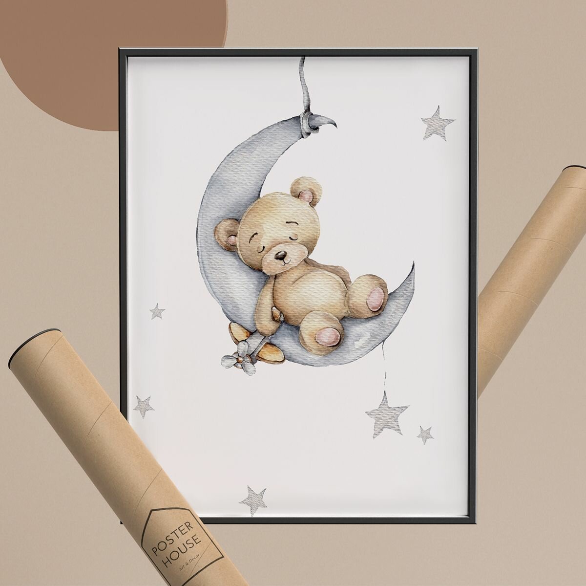 Постер Мишка на месяце в детскую 40х50 см без рамы/ Милый акварельный постер, иллюстрация для детей/ Минималистичный эстетичный плакат для интерьера дома, для ребенка, мальчика/ Декор стен