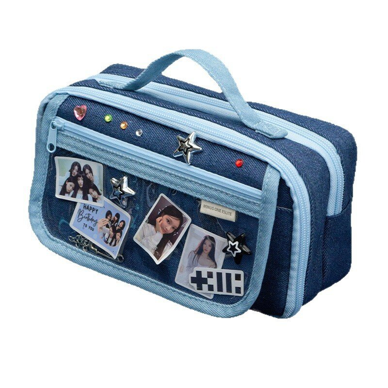 Вместительный джинсовый пенал, многослойный чехол для ручек, канцелярский органайзер, портативная сумка для карандашей с ручкой, прозрачный карман своими руками для учеников средних и старших классов, девочек и мальчиков, канцелярские принадлежности