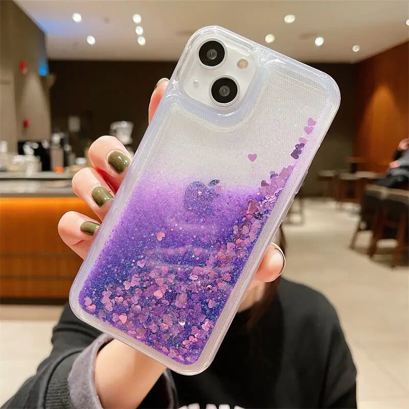 Роскошный чехол с жидким блеском в форме сердца для iPhone 16, 15, 13, мини 14 12, 11 Pro Max Plus 17, прозрачный чехол-бампер с воздушным зыбучим песком