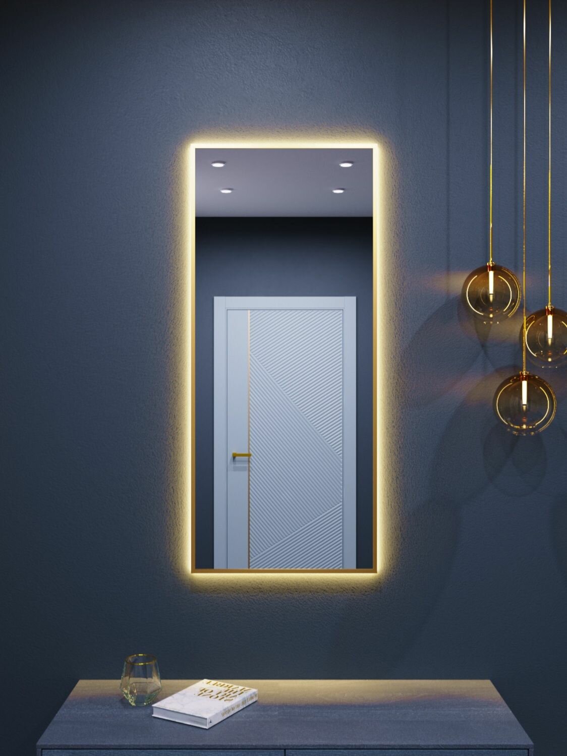 Зеркало в ванную 100х40 см. золото с подсветкой. Свет: Теплый белый 3000К. В алюминиевой раме настенное MOONRISE