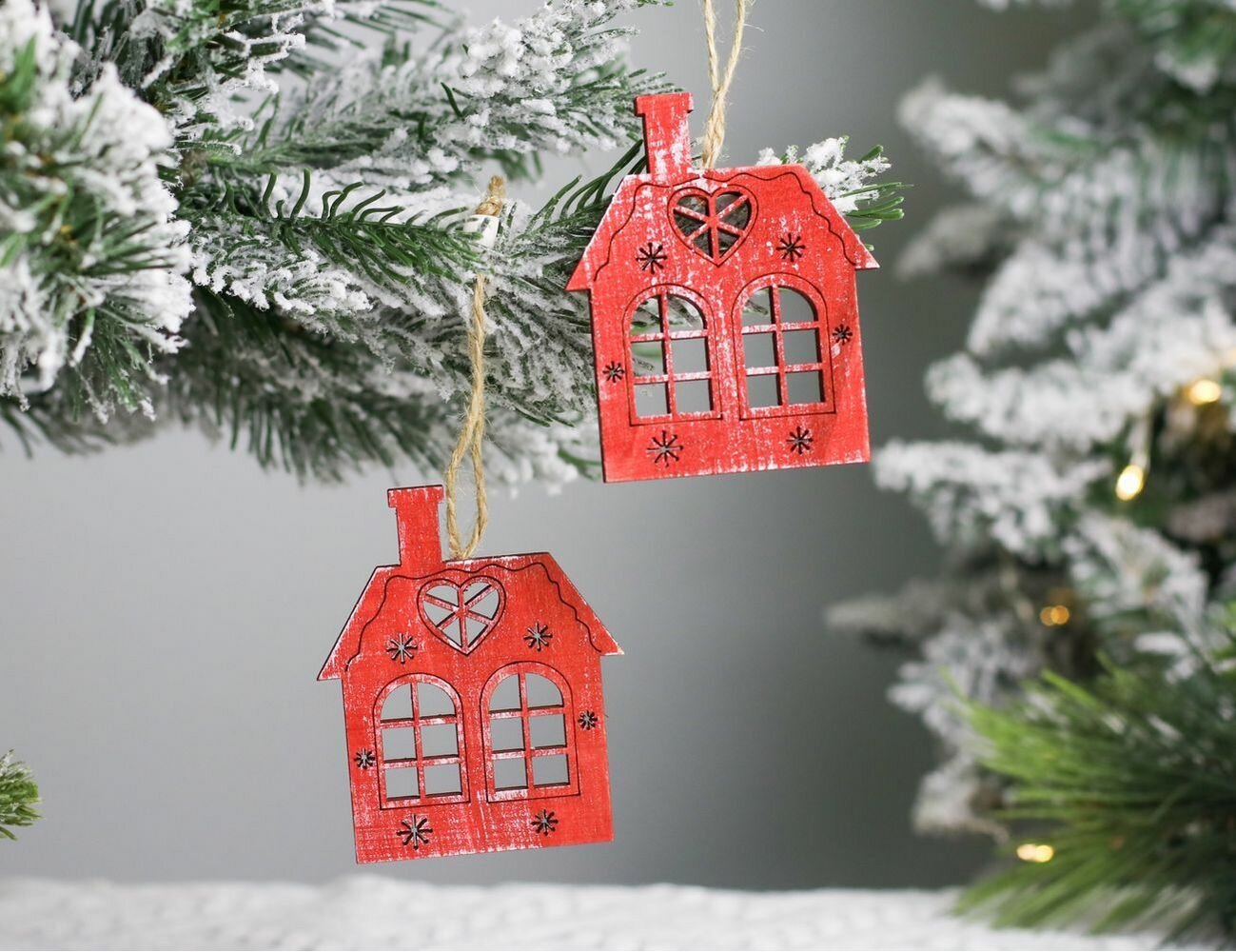 Набор деревянных ёлочных игрушек сердечный домик, красный, 9 см, 2 шт, Breitner 22-4846