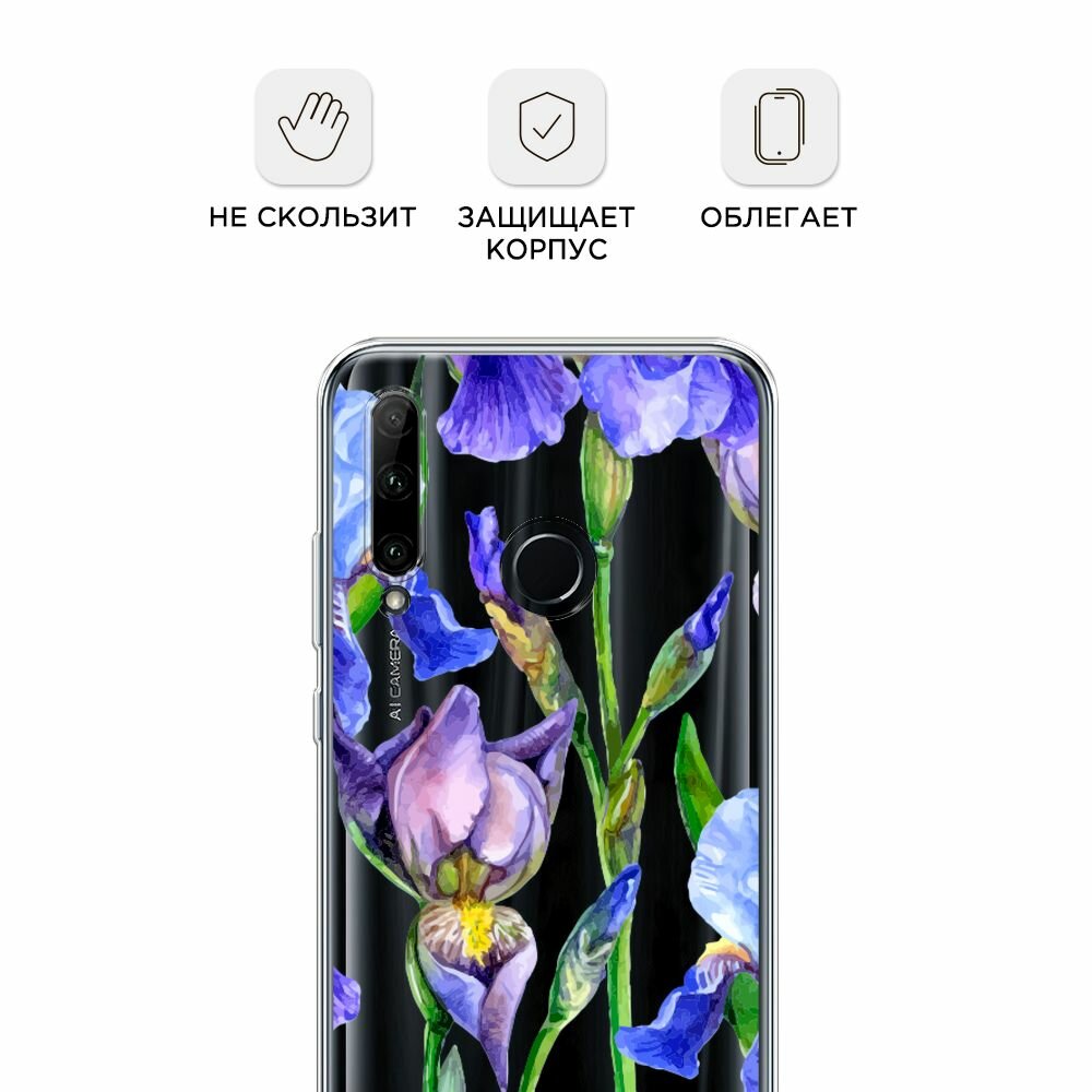 Чехол на Honor 10i/20 Lite 2019/20e/Huawei P Smart Plus 2019 / Хонор 10i с принтом "Синие ирисы", прозрачный — фото 1