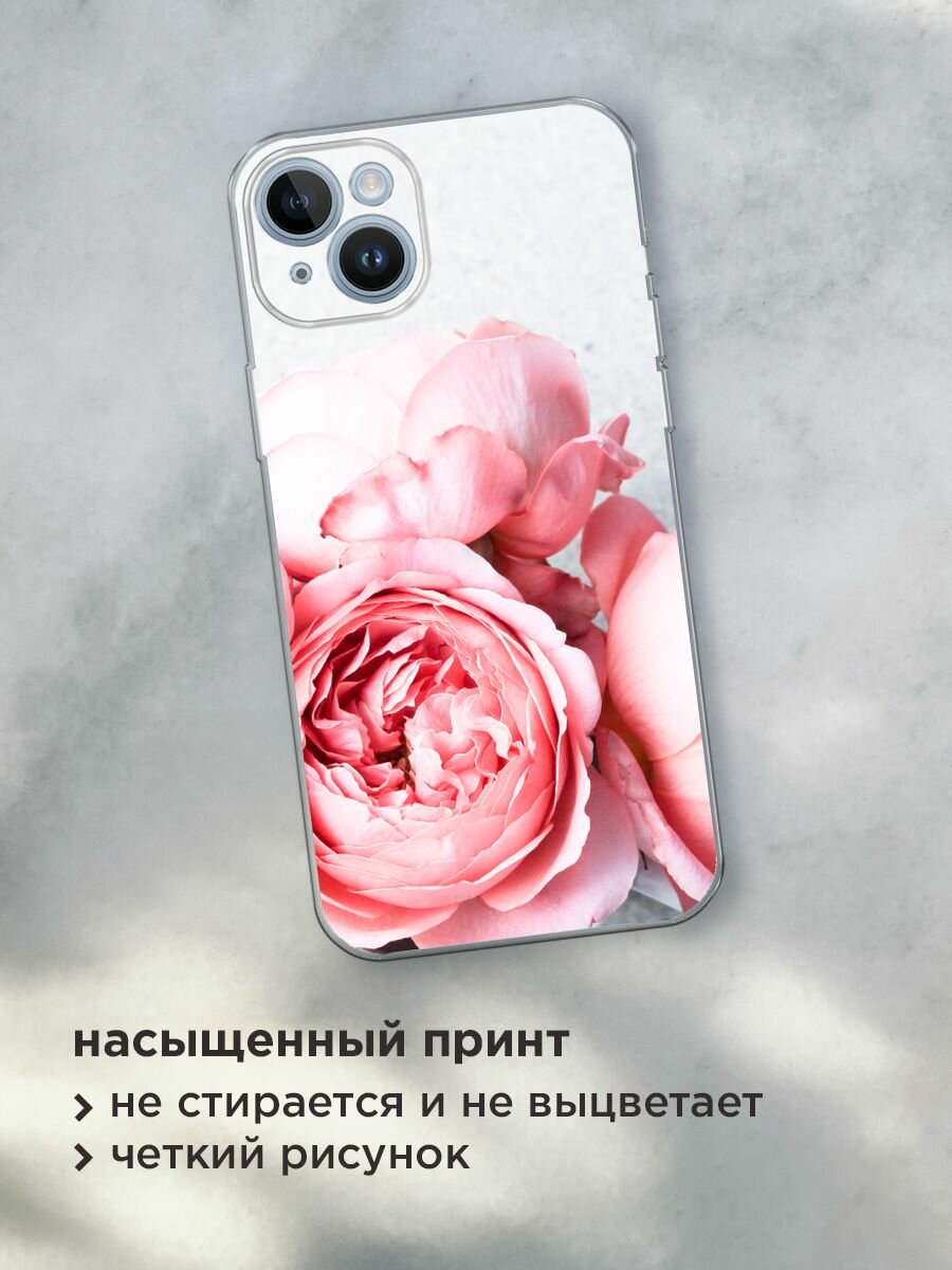 Чехол на Apple iPhone 14 / Айфон 14 с принтом "Пионы на белом" — фото 1