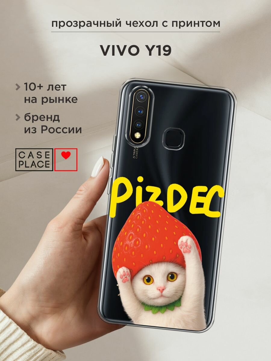 Чехол на Vivo Y19 / Виво Y19 с принтом "Котик с надписью", прозрачный