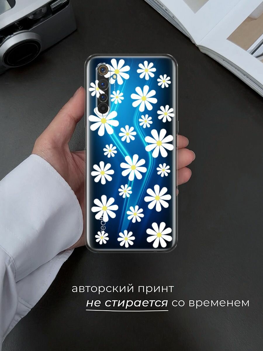 Чехол на Realme 6 Pro / Реалми 6 Про с принтом "Большие ромашки", прозрачный — фото 1