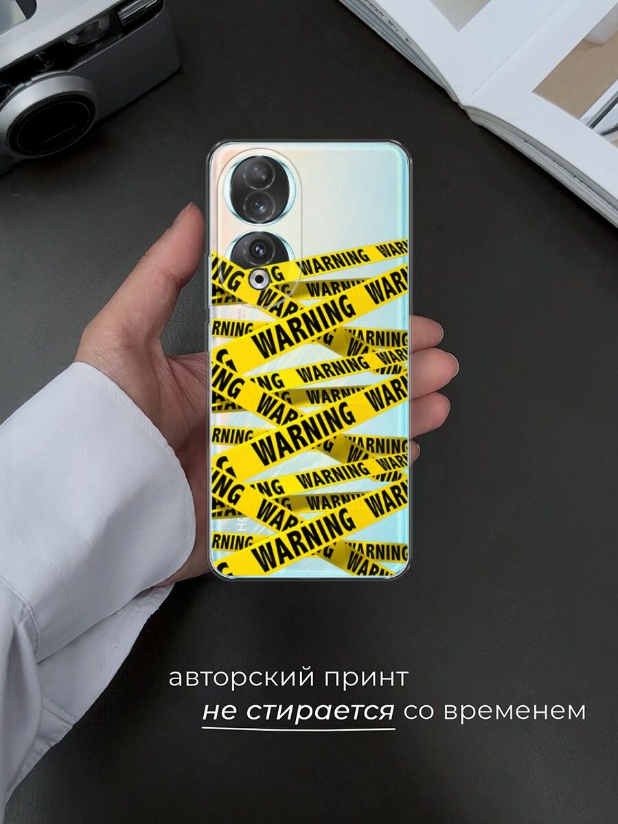 Чехол на Honor 90 / Хонор 90 с принтом "Warning!", прозрачный — фото 1