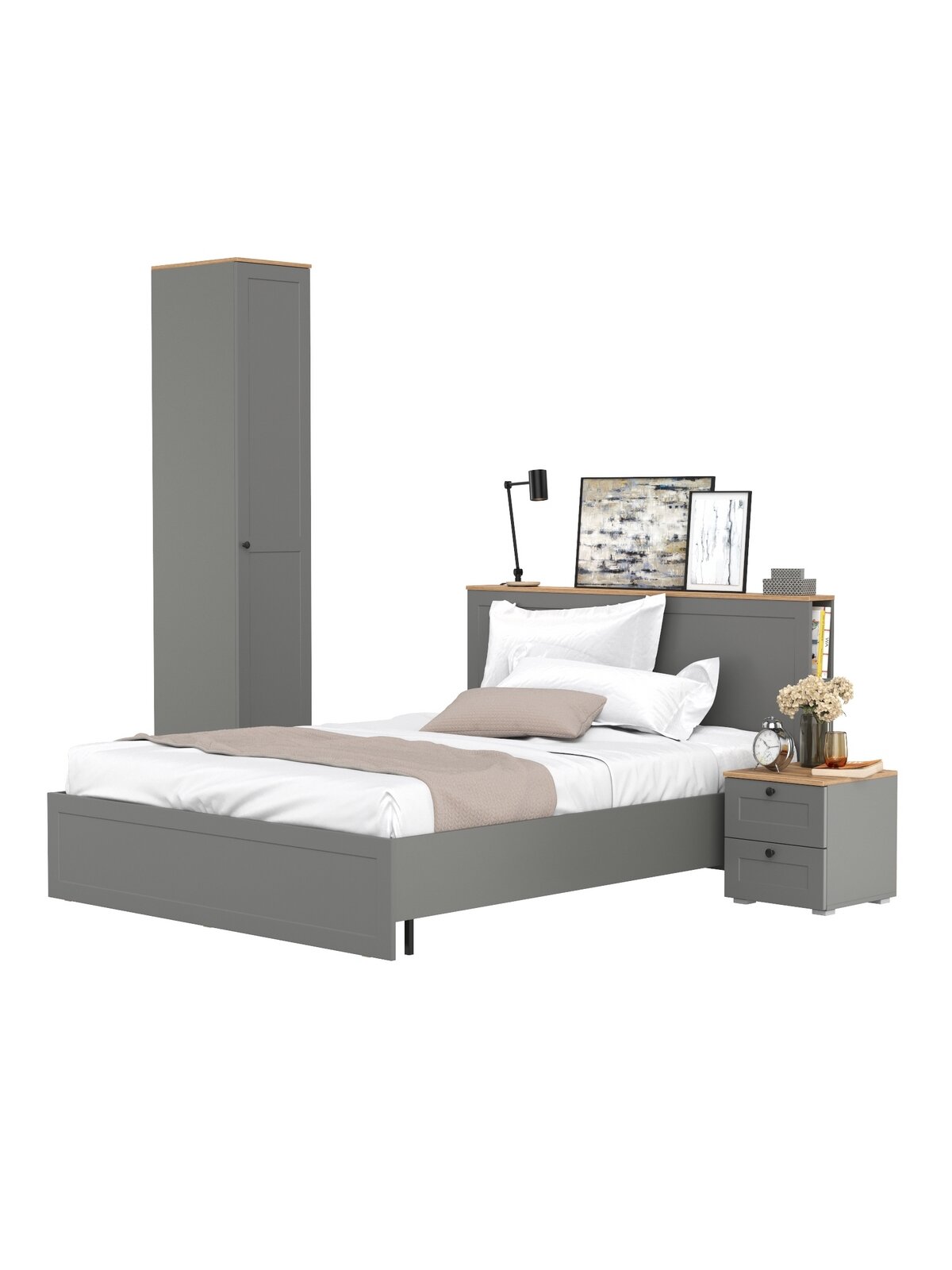 Кровать двуспальная Остин с ортопедом и платяной шкаф-пенал с тумбой прикроватной, серый графит/дуб крафт