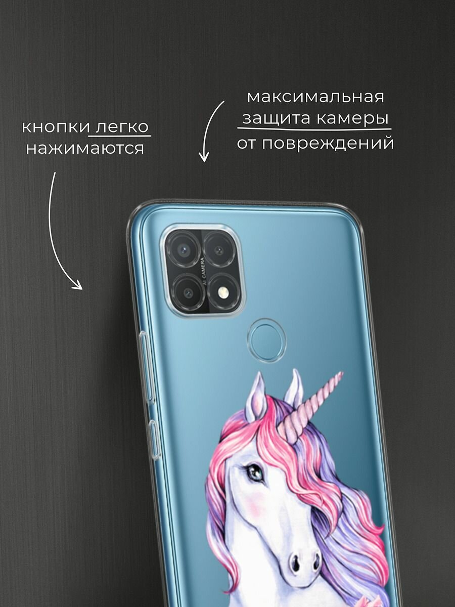 Чехол на Oppo A15/A15s / Оппо А15/A15s с принтом "Единорог с пионами", прозрачный — фото 1
