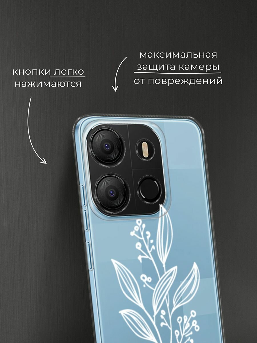 Чехол на Tecno Pop 7 / Текно Поп 7 с принтом "Ветка с листочками и цветами", прозрачный — фото 1