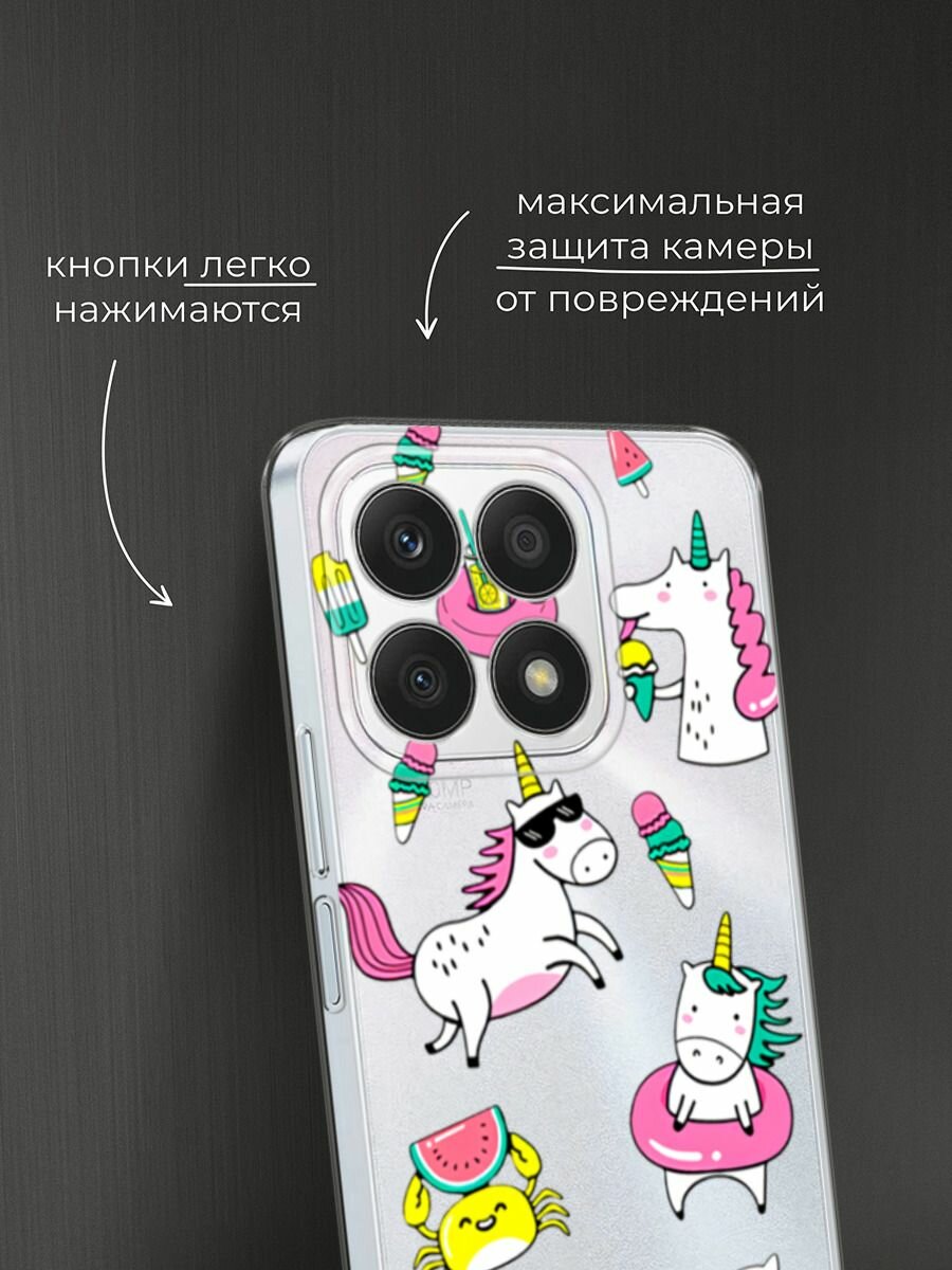 Чехол на Honor X8A / Хонор X8A с принтом "Единороги в отпуске", прозрачный — фото 1