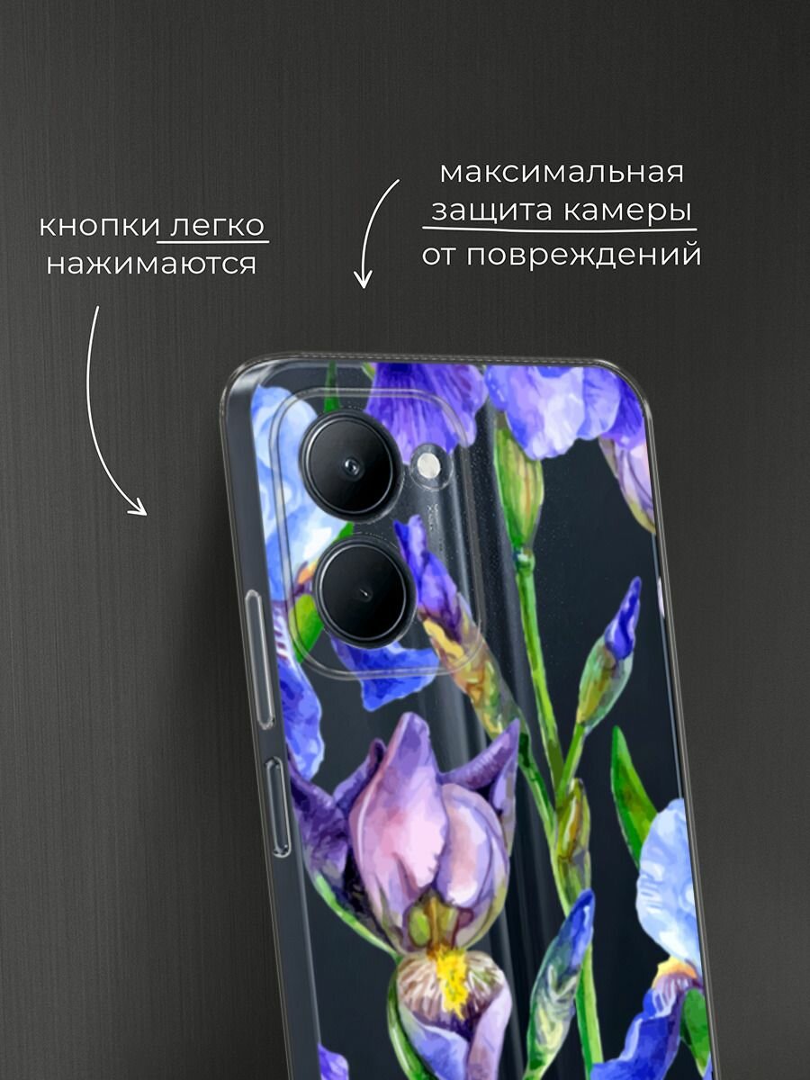 Чехол на Realme C33 / Реалми С33 с принтом "Синие ирисы", прозрачный — фото 1