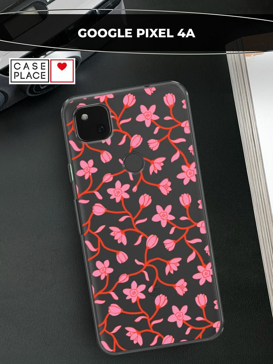Чехол на Google Pixel 4A / Гугл Пиксель 4А с принтом "Красное переплетение веточек", прозрачный